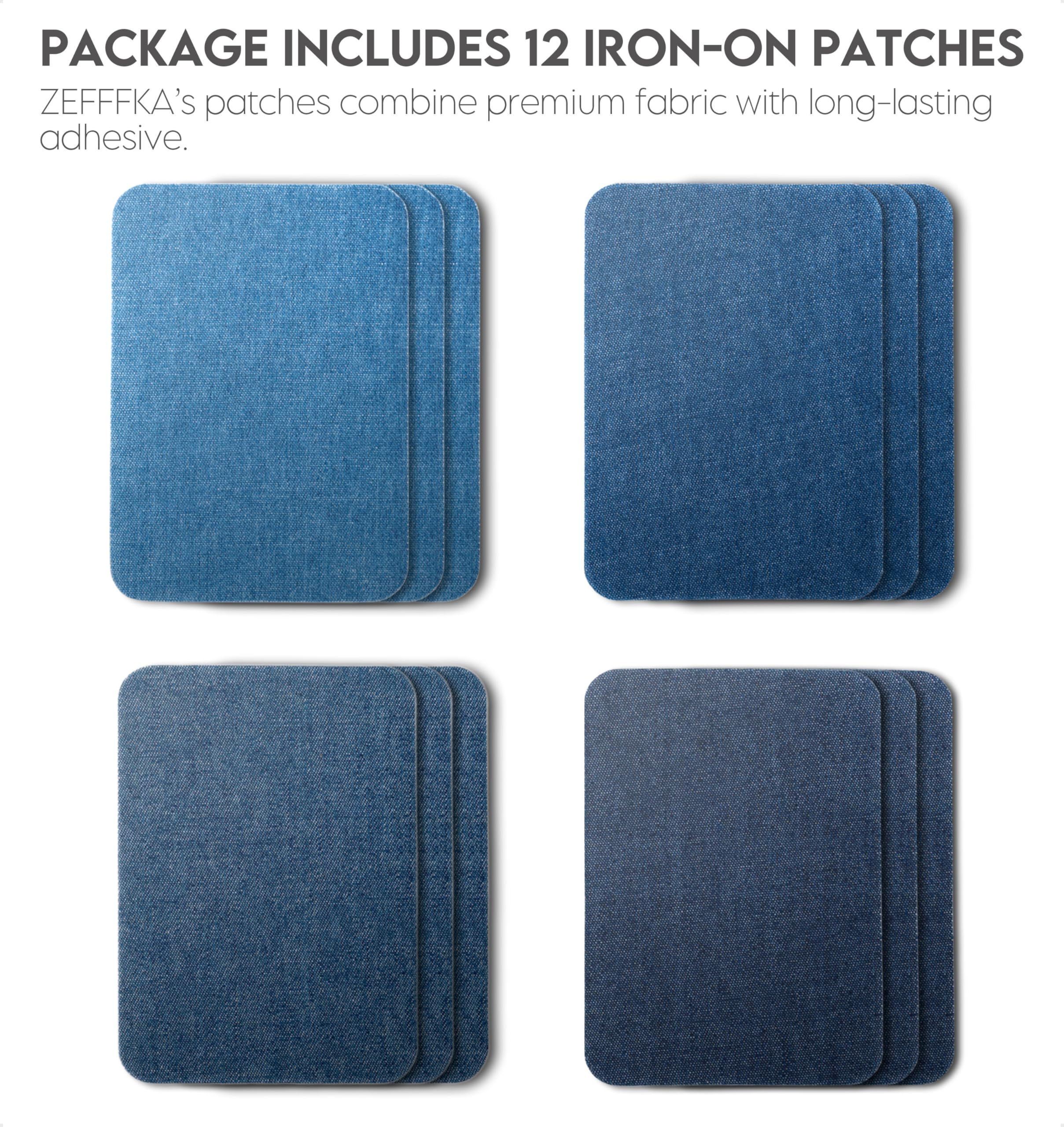 ZEFFFKA Premium Quality Denim Iron-on Jean Patches Inside & Outside Strongest Glue 100% Cotton Assorted Shades of Blue Repair Decorating Kit 12 Pieces Size 3" by 4-1/4" (7.5 cm x 10.5 cm)
