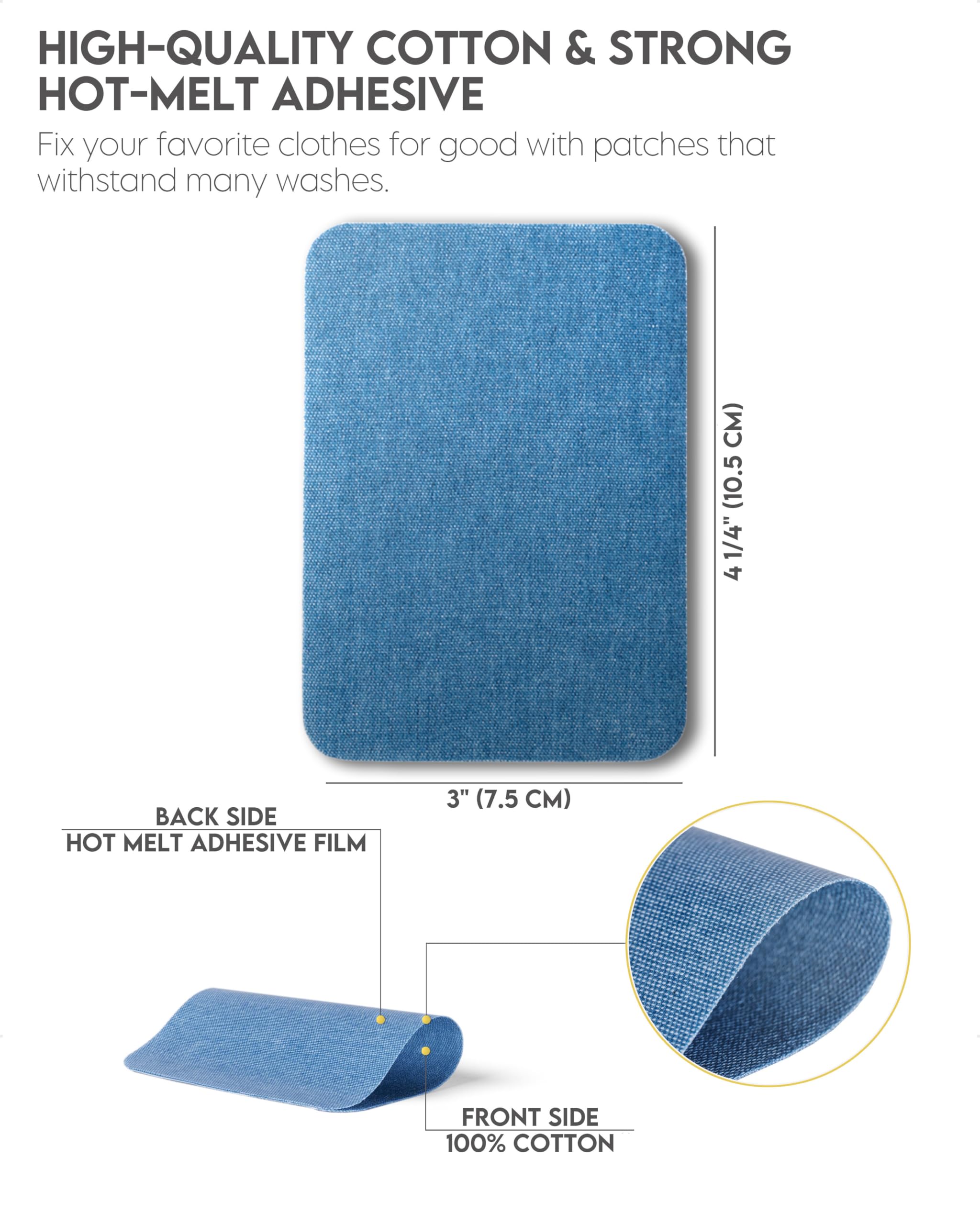 ZEFFFKA Premium Quality Denim Iron-on Jean Patches Inside & Outside Strongest Glue 100% Cotton Assorted Shades of Blue Repair Decorating Kit 12 Pieces Size 3" by 4-1/4" (7.5 cm x 10.5 cm)