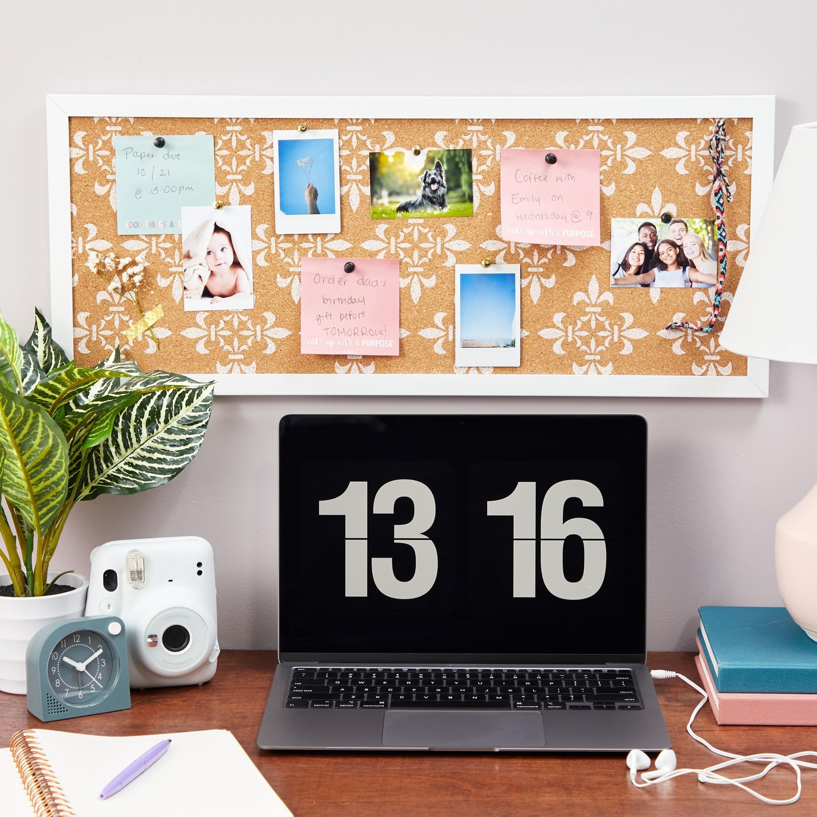 Long Decorative Cork Board for Walls, White Framed Tack Bulletin Board with Floral Print for Bedroom, Dorm Room (10 x 24 in)