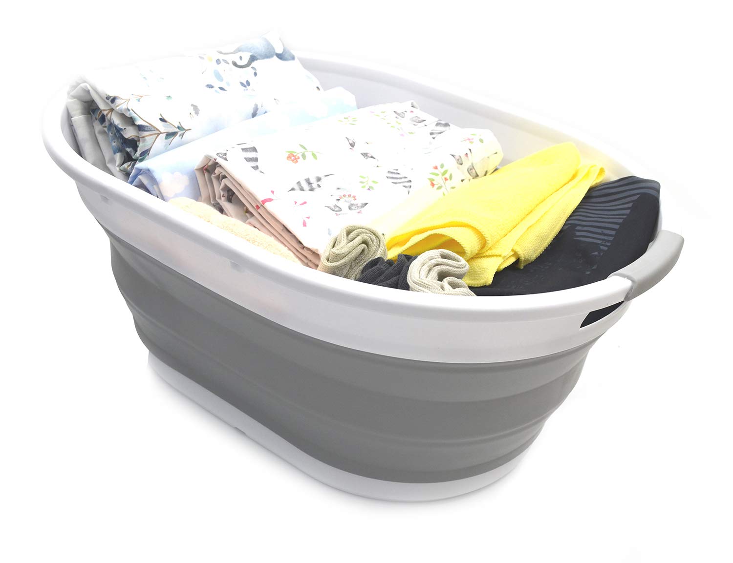 SAMMART 28L (7.4 gallon) Collapsible Plastic Laundry Basket-Oval Tub/Basket - Portable Washing Tub-Space Saving Laundry Hamper, Water capacity: 22L (5.8 gallon) (1, Grey)