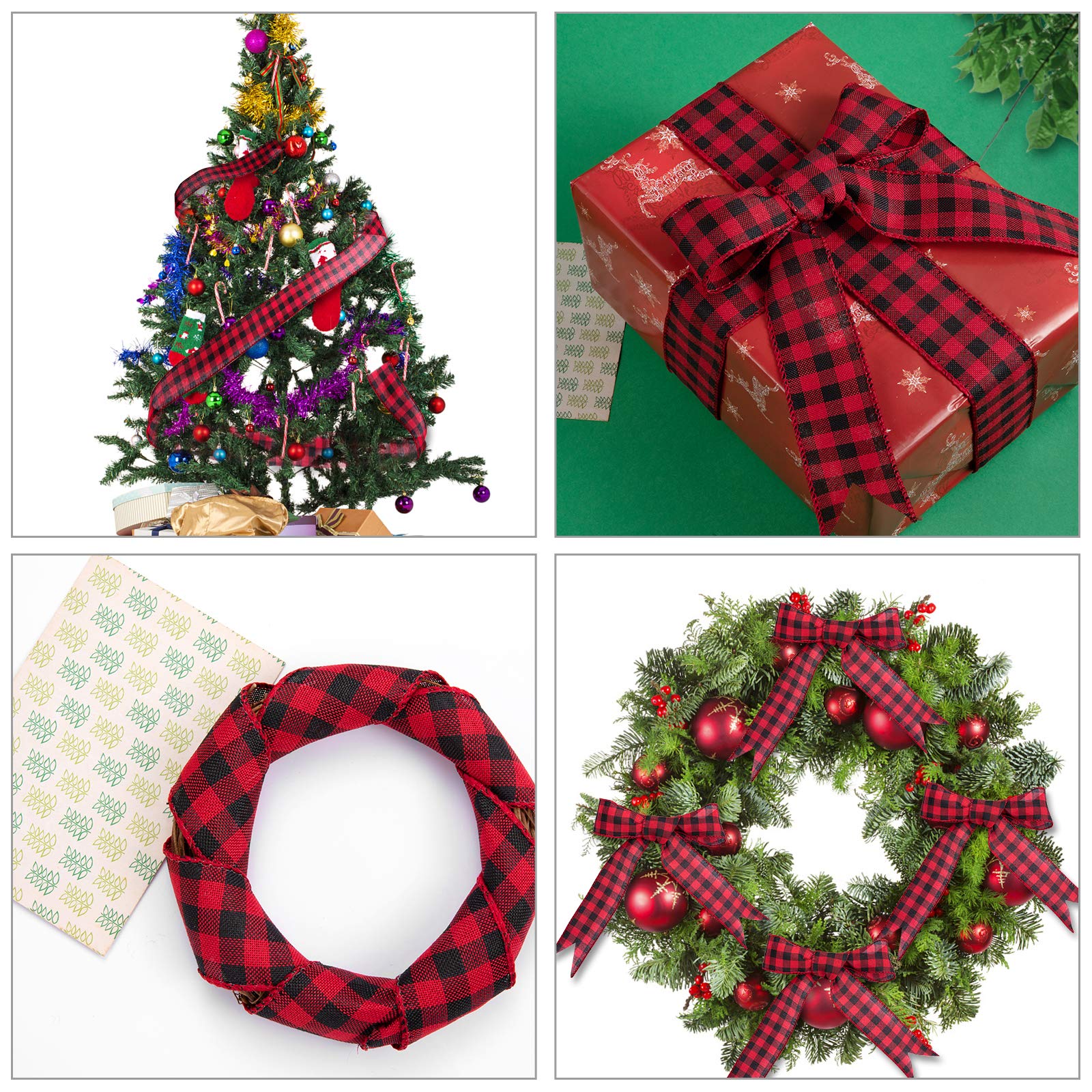 3 Rolls Wired Plaid Ribbons,3x10 Yards,2 Inch Black Red Plaid Ribbon,Black White Buffalo Plaid Ribbon and Burlap Craft Ribbon for DIY Gift Wrapping, Holiday Decorations