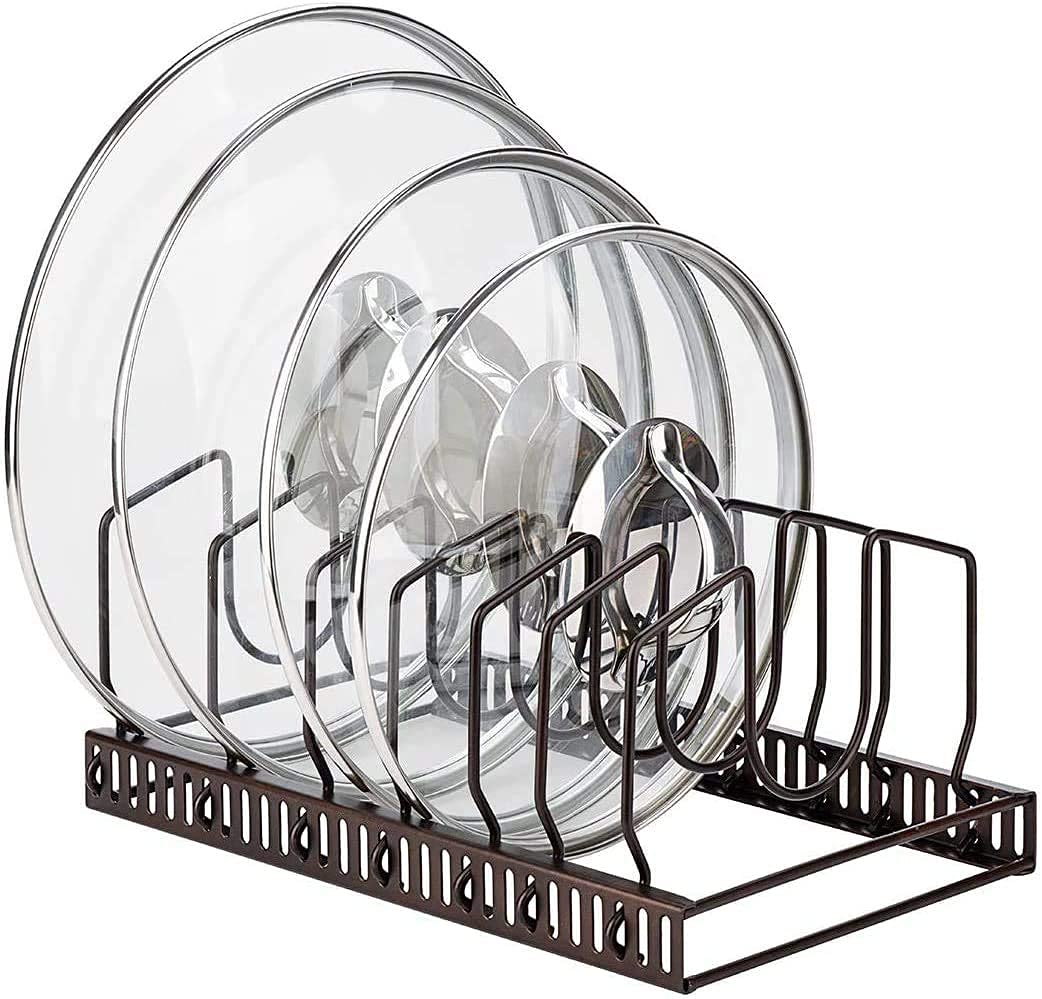 Toplife Adjustable 7+ Lids Organizer Rack + 10+ Bakeware Organizer Rack for Kitchen Cabinet and Counter, Brown