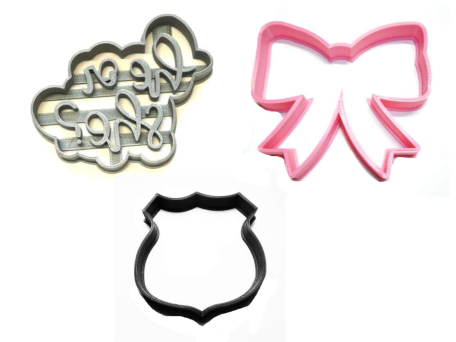 BADGES OR BOWS GENDER REVEAL BABY SHOWER SET OF 3 COOKIE CUTTERS MADE IN USA PR1196