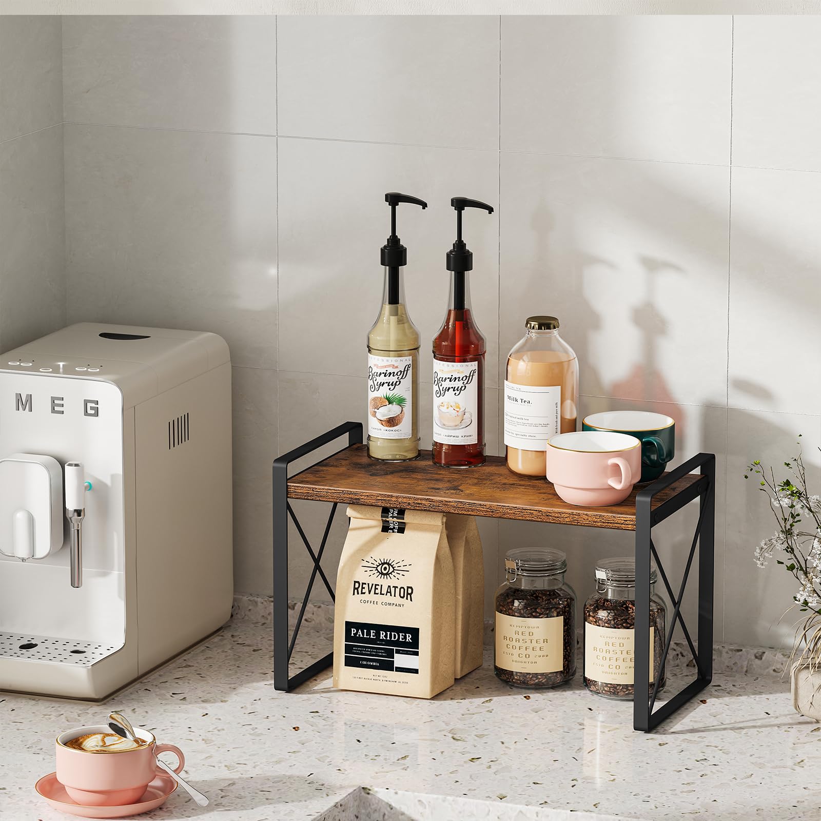 Giikin Countertop Shelf Organizer, Cupboard Stand Spice Rack, Retro Style Cabinet Shelf for Pantry, Kitchen, Bathroom, Reading Room, Bedroom to Save Space (15.7 Inches, Rustic Brown)