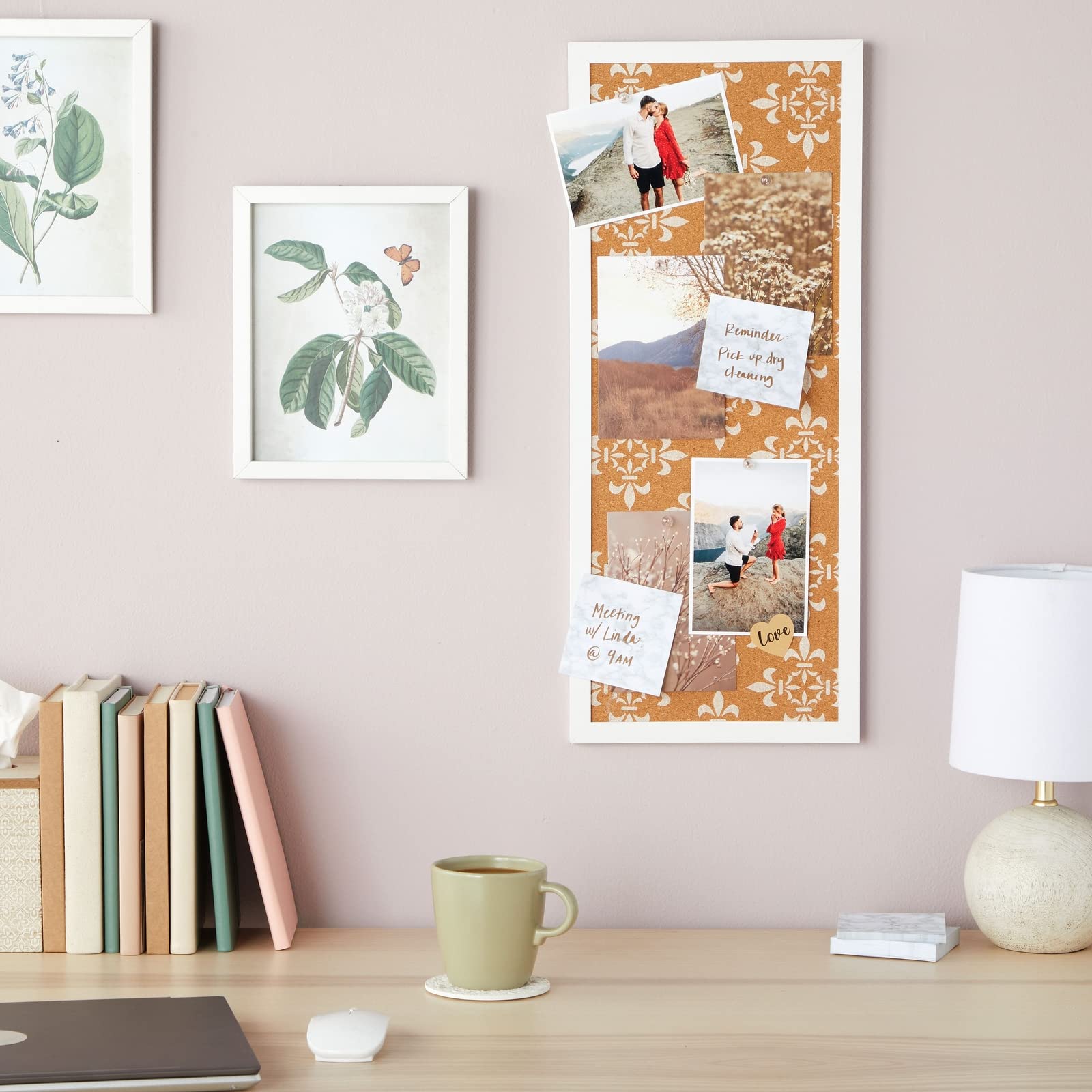 Long Decorative Cork Board for Walls, White Framed Tack Bulletin Board with Floral Print for Bedroom, Dorm Room (10 x 24 in)