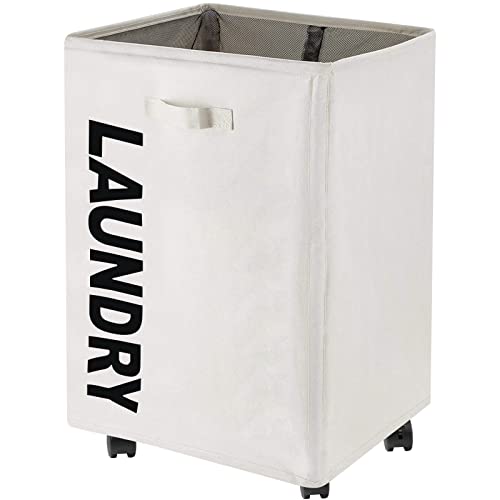 ARyee 22" Pro Rolling Laundry Basket, Large Laundry Hamper with Wheels, Foldable Dirty Clothes Hamper Mesh Cover Laundry Storage Cart with Handle, for Bedroom Bathroom Dorm Room (white)
