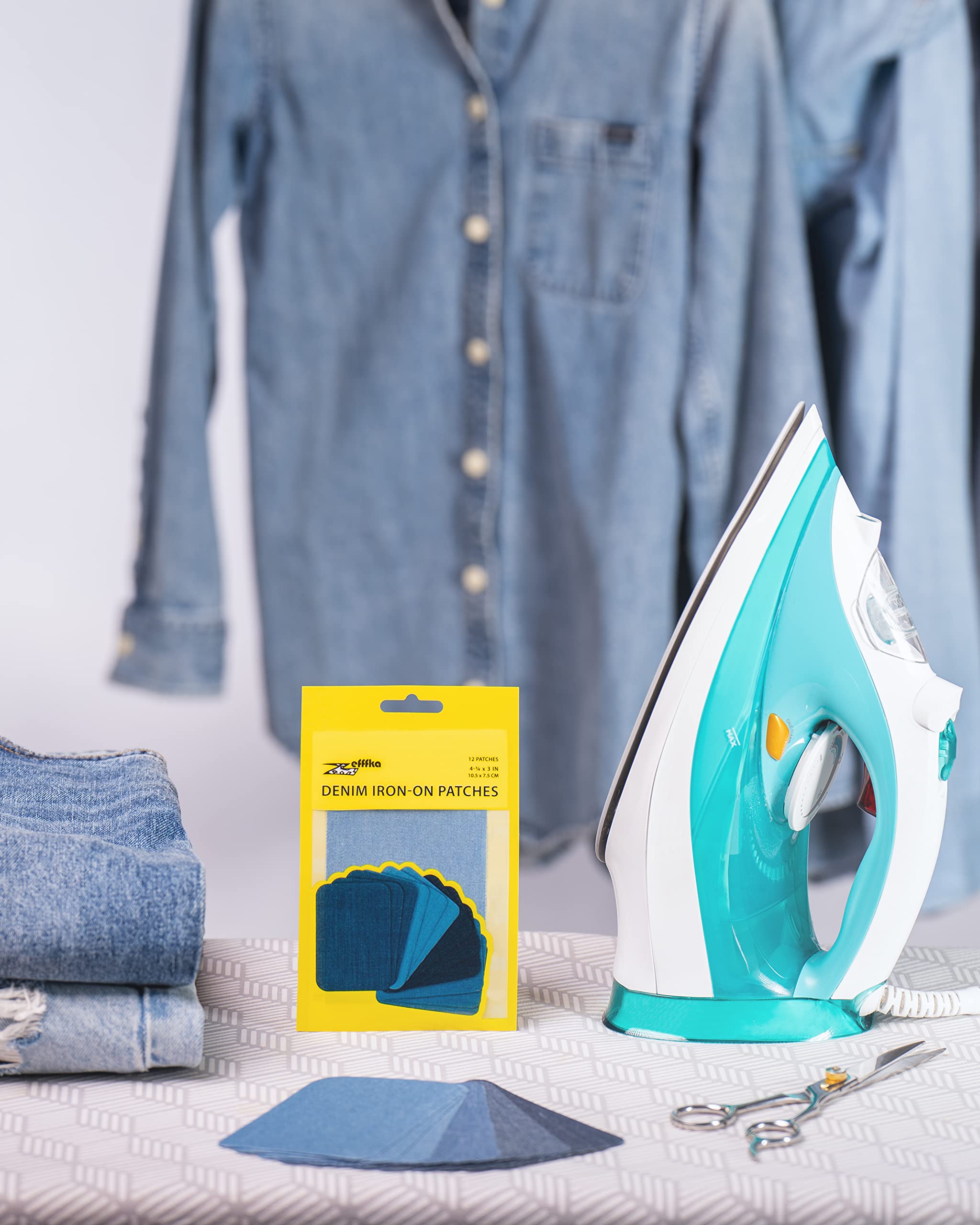 ZEFFFKA Premium Quality Denim Iron-on Jean Patches Inside & Outside Strongest Glue 100% Cotton Assorted Shades of Blue Repair Decorating Kit 12 Pieces Size 3" by 4-1/4" (7.5 cm x 10.5 cm)