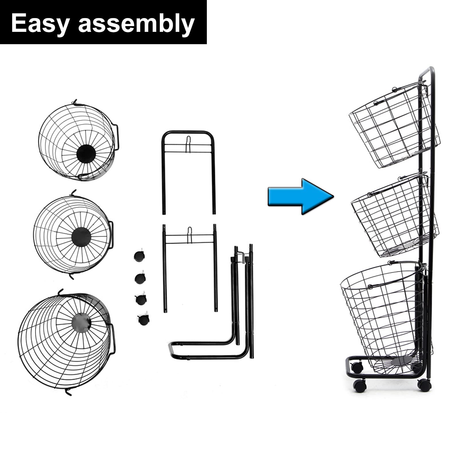 Ganggend 3-Tier Laundry Basket with Lockable Wheels, Wire Laundry Hamper with Rubber Handle Laundry Cart Storage Rolling Hamper for Organizing Clothes