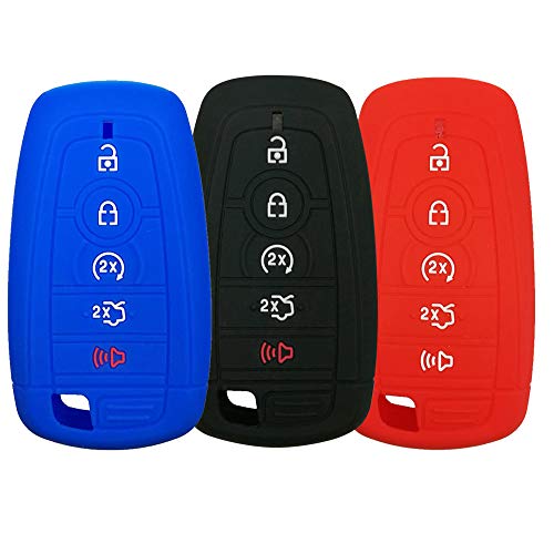 Car Remote Key Cover Fob Silicone Outer Case for Ford Escape Explorer Edge Flex Focus Taurus Lincoln Mks Mustang Outer Casing Shell Jacket Protector 5 Buttons (Blue+red+Black)