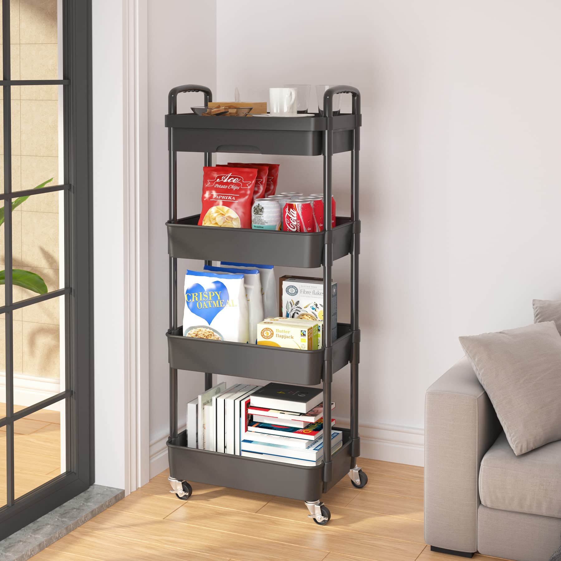 Calmootey 4-Tier Rolling Utility Cart with Drawer,Multifunctional Storage Organizer with Plastic Shelf & Metal Wheel,Storage Cart for Kitchen,Bathroom,Living Room,Office,Black