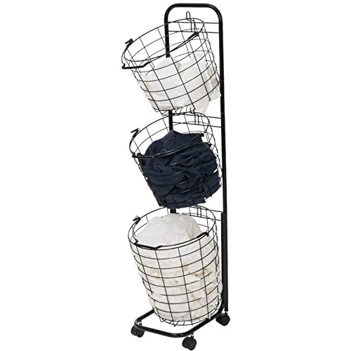 Ganggend 3-Tier Laundry Basket with Lockable Wheels, Wire Laundry Hamper with Rubber Handle Laundry Cart Storage Rolling Hamper for Organizing Clothes Black