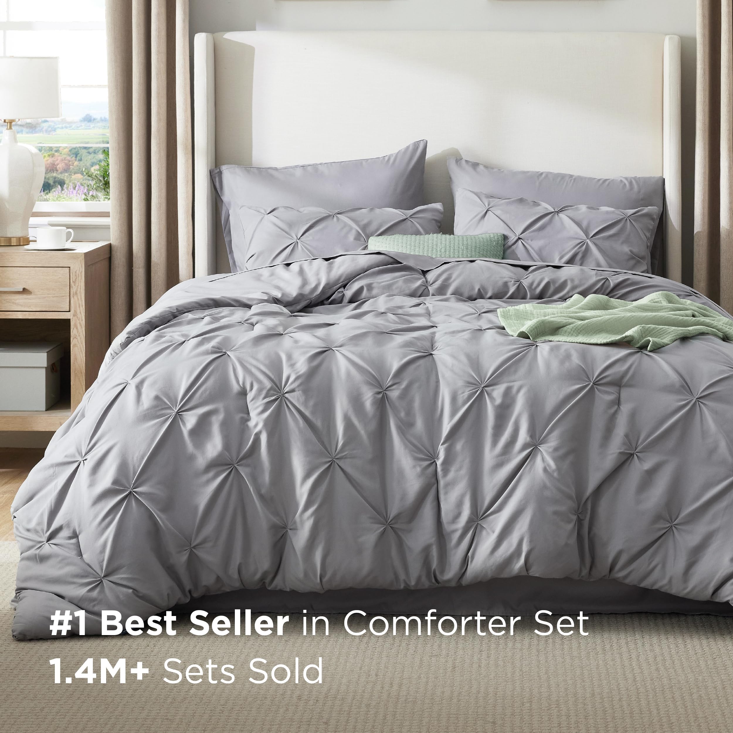 BEDSURE Queen Comforter Set - Bed in a Bag Queen 8 Pieces, Pintuck Bedding Sets Grey Bed Set with Comforters, Sheets & Skirt, Pillowcases & Shams