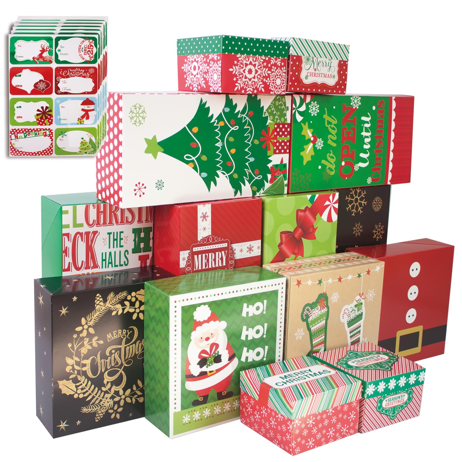 party funny 14 Decorative Christmas Gift Boxes with Lids and 80-Count Foil Christmas Gift Tag Stickers (Assorted size,6 Rectangle,4 Square, 4 Small Square)
