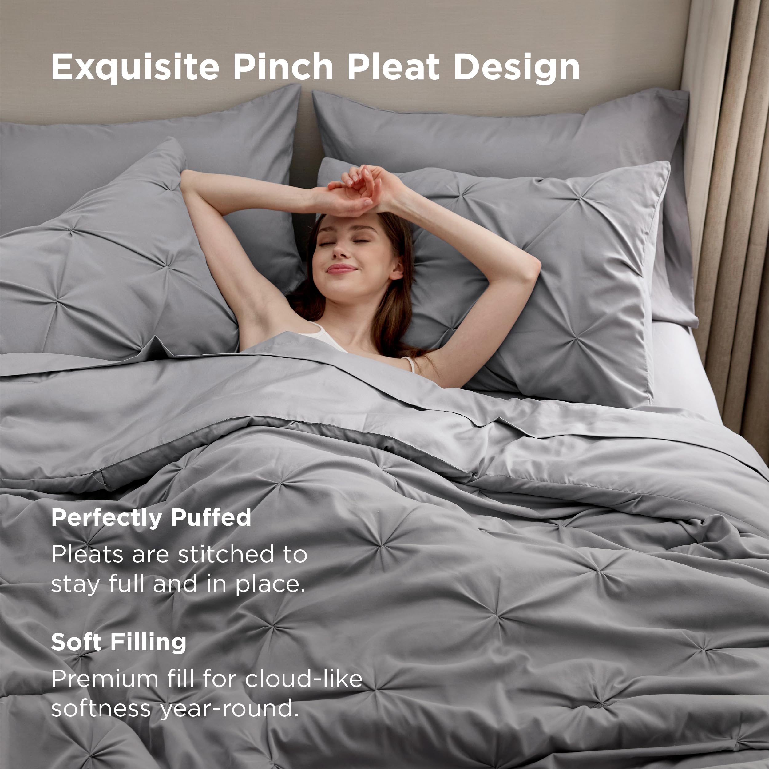 BEDSURE Queen Comforter Set - Bed in a Bag Queen 8 Pieces, Pintuck Bedding Sets Grey Bed Set with Comforters, Sheets & Skirt, Pillowcases & Shams
