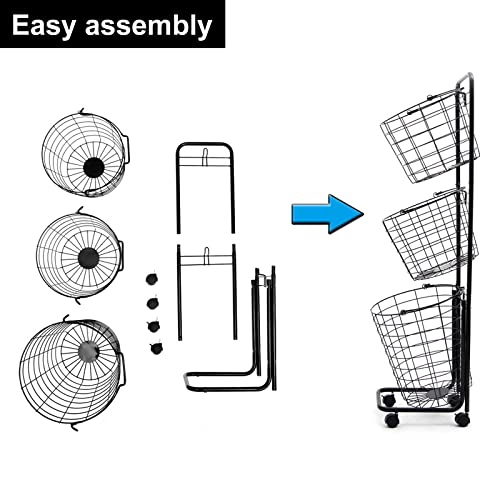 Ganggend 3-Tier Laundry Basket with Lockable Wheels, Wire Laundry Hamper with Rubber Handle Laundry Cart Storage Rolling Hamper for Organizing Clothes Black