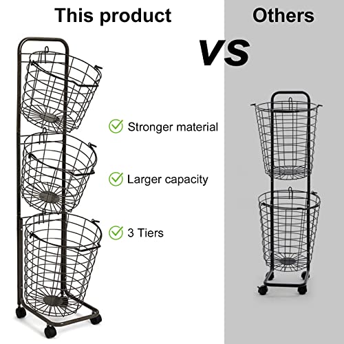 Ganggend 3-Tier Laundry Basket with Lockable Wheels, Wire Laundry Hamper with Rubber Handle Laundry Cart Storage Rolling Hamper for Organizing Clothes Black