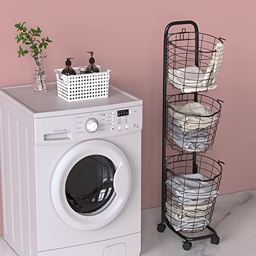 Ganggend 3-Tier Laundry Basket with Lockable Wheels, Wire Laundry Hamper with Rubber Handle Laundry Cart Storage Rolling Hamper for Organizing Clothes Black