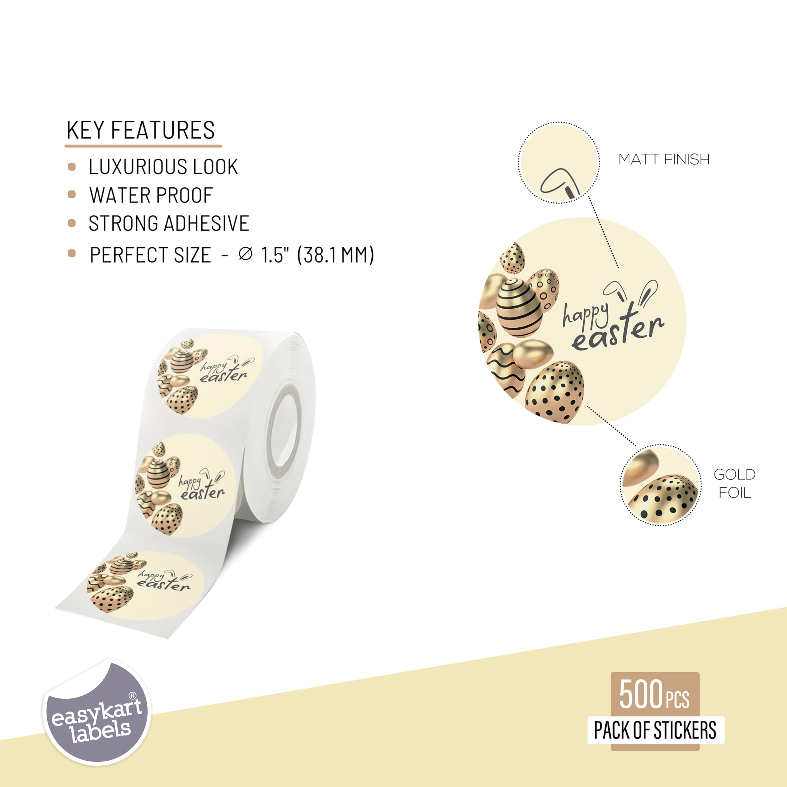 Easykart Happy Easter Stickers with Gold Foil Easter Egg | 1.5 Inch , 500 PCs