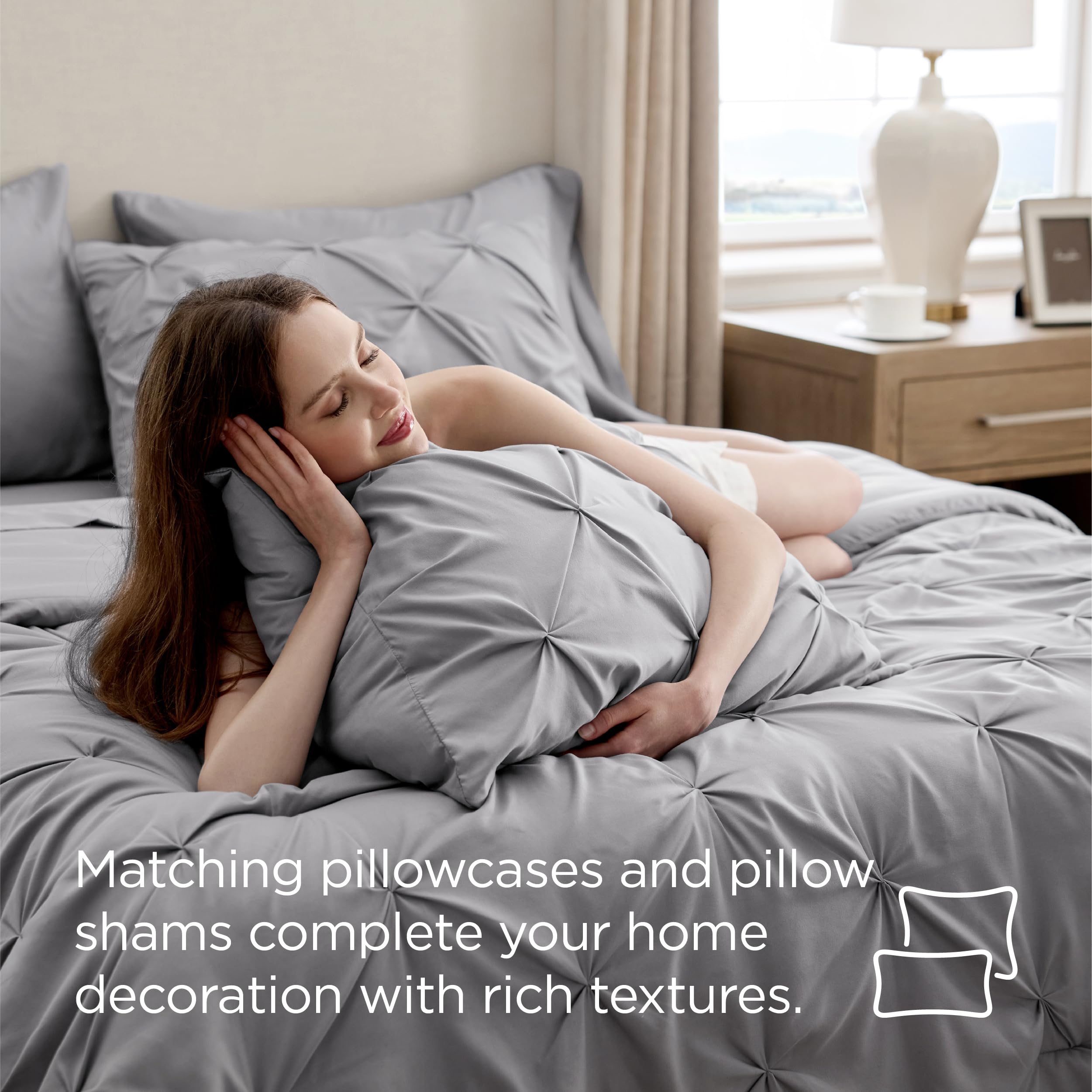 BEDSURE Queen Comforter Set - Bed in a Bag Queen 8 Pieces, Pintuck Bedding Sets Grey Bed Set with Comforters, Sheets & Skirt, Pillowcases & Shams