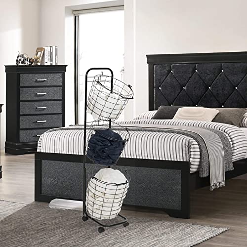 Ganggend 3-Tier Laundry Basket with Lockable Wheels, Wire Laundry Hamper with Rubber Handle Laundry Cart Storage Rolling Hamper for Organizing Clothes Black