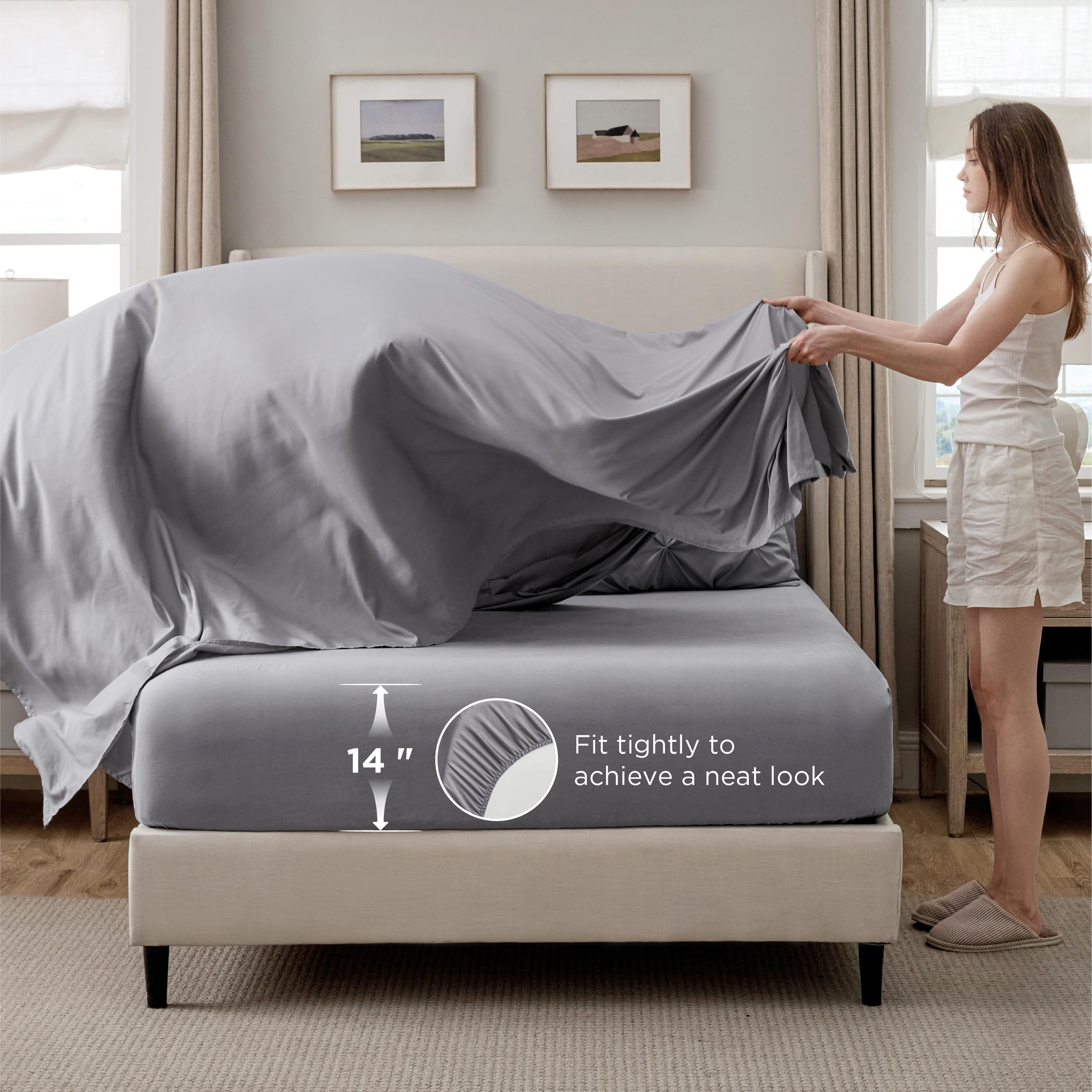 BEDSURE Queen Comforter Set - Bed in a Bag Queen 8 Pieces, Pintuck Bedding Sets Grey Bed Set with Comforters, Sheets & Skirt, Pillowcases & Shams