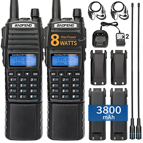 BAOFENG UV-82 Plus 8W High Power Ham Radio 2M/70CM Portable Two Way Radio Dual PTT Handheld Amateur Radio with Extra 3800mAh Battery +771 Antenna(Pack of 2pcs Radios)