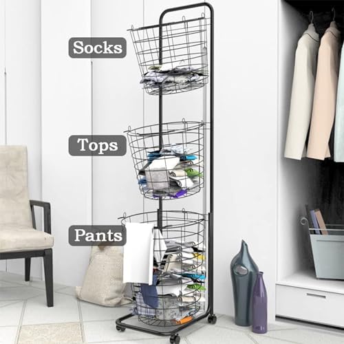 Removable 3 Tier Metal Rolling Laundry Basket Cart,Large Capacity Wire Basket Laundry Hamper with Wheels, Laundry Butler for Bathroom Bedroom Laundry Room