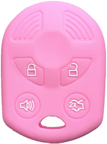 RUNZUIE Silicone Keyless Entry Remote Key Fob Cover Shell Compatible Fit for Ford Escape Explorer Mustang Transit Fusion Focus Lincoln Zephyr Mercury Grand Marquis Pink 4 Buttons