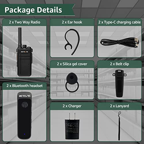 Retevis RB37 New Version,Bluetooth Two Way Radio,Walkie Talkies for Adults,Wireless Earpiece,2000 mAh,VOX,Type-C,for Retail Pet Hospital (2 Pack)