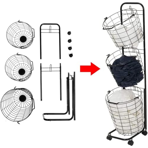 Removable 3 Tier Metal Rolling Laundry Basket Cart,Large Capacity Wire Basket Laundry Hamper with Wheels, Laundry Butler for Bathroom Bedroom Laundry Room
