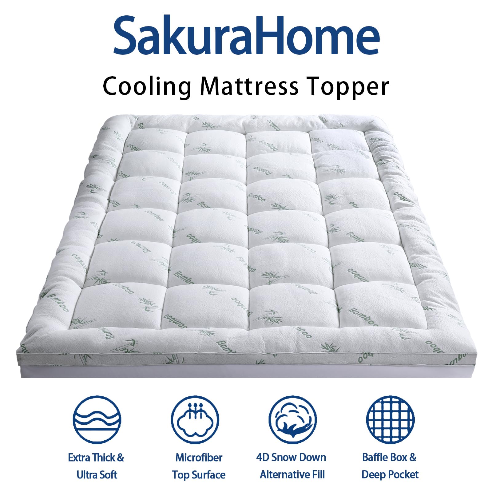 Bamboo Mattress Topper Queen Size , Cooling Extra Thick Breathable Mattress pad, Soft Quilted Fitted Mattress Cover with 5D Snow Down Alternative Fill (8-21”Deep Pocket)