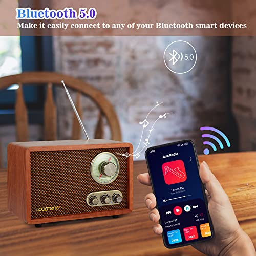 LoopTone USB SD Multifunction AM FM Vintage Radio with Bluetooth Speaker,Retro Wood Table Radio for Kitchen Living Room with Rotary Knob