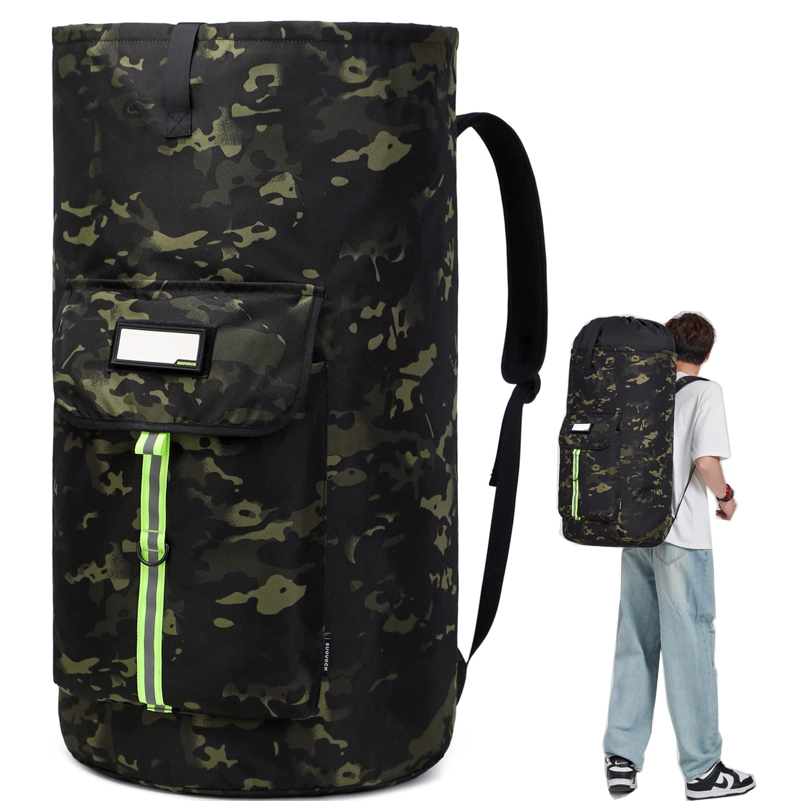 SUOVOCK laundry bag backpack, extra-large heavy duty laundry bags, laundry backpack for college students,Designed with reflective strips and ID Patches（Black CP）