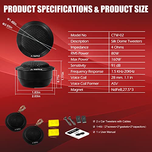 H YANKA 160 Watt CTW-02 Tweeters for Car Audio, Powerful Neodymium Magnet, PRO Neodymium Silk Dome,Easy to Mount,High Performance Component Tweeter System - Tweeters Included(Pair)