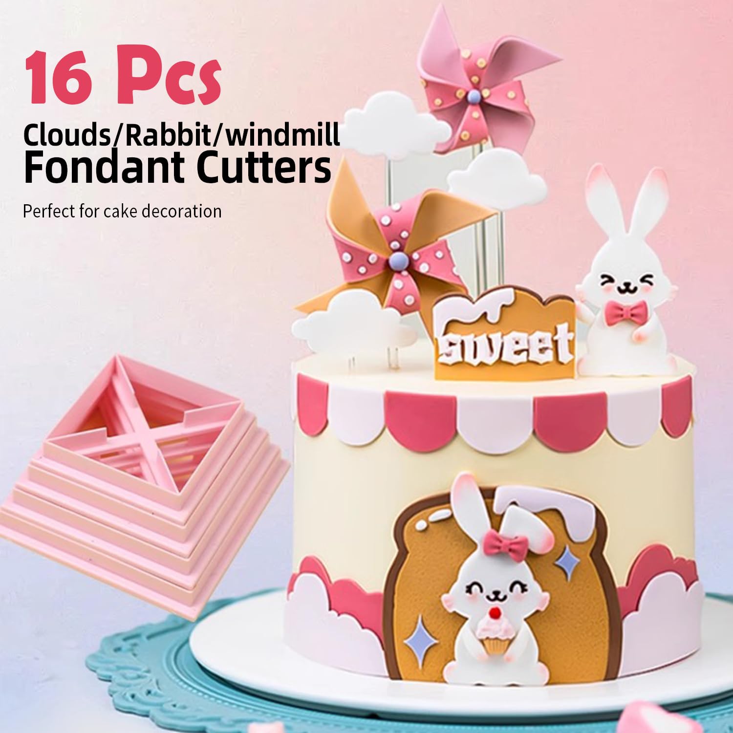16 Pcs Clouds Fondant Cutter Rabbit Plunger Cutter Mindmill Cookie Stamp Biscuit Mold DIY Cake Decorating Tools for Kids Birthday Party and Baby Shower decoration Wedding Party