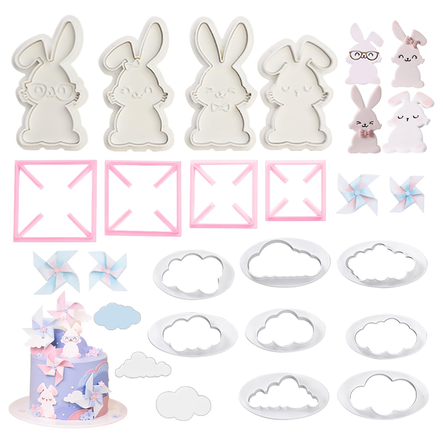 16 Pcs Clouds Fondant Cutter Rabbit Plunger Cutter Mindmill Cookie Stamp Biscuit Mold DIY Cake Decorating Tools for Kids Birthday Party and Baby Shower decoration Wedding Party