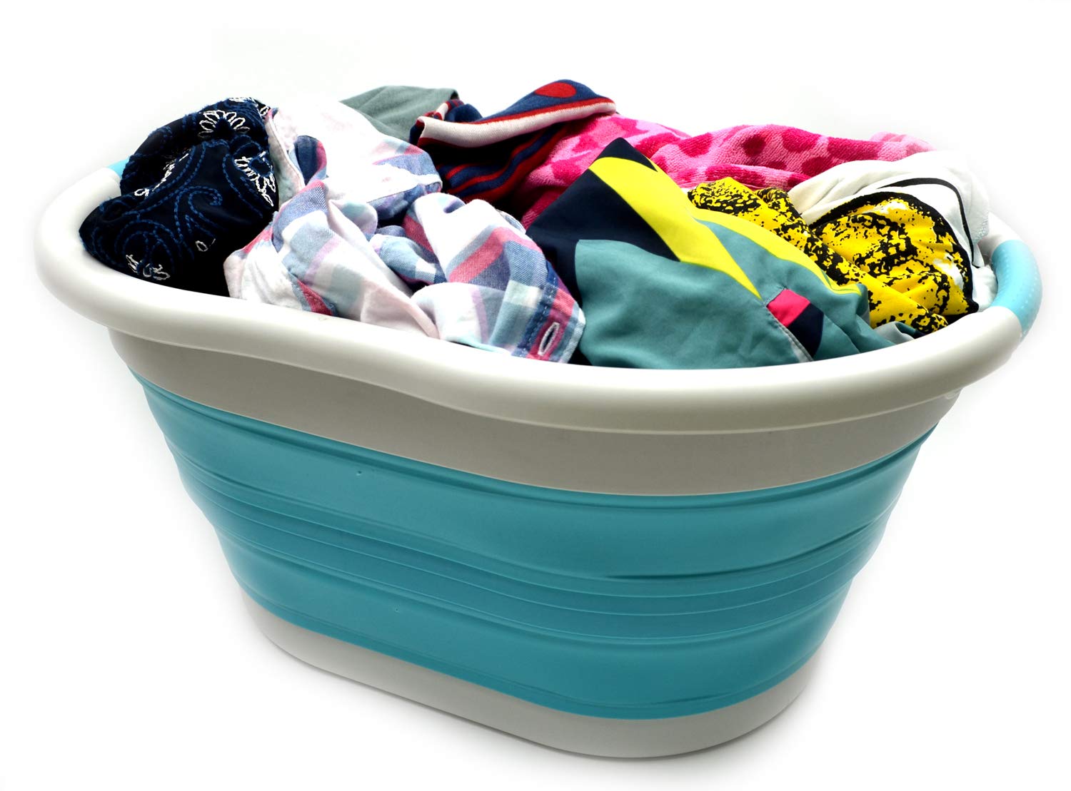 SAMMART 36L (9.5 gallon) Collapsible Plastic Laundry Basket - Oval Tub/Basket - Foldable Storage Container/Organizer - Portable Washing Tub - Space Saving Laundry Hamper, (Oval, Grey/Bright Blue)