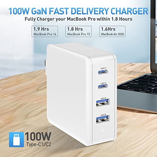 USB C Wall Charger, AIGAISHISXIN 100W 4 Port GaN Fast Charger Type C PD Charging Station Power Adapter Compatible with MacBook Pro Air, iPad Mini Pro, iPhone 13 Pro, Galaxy, Dell XPS, Laptop (White)