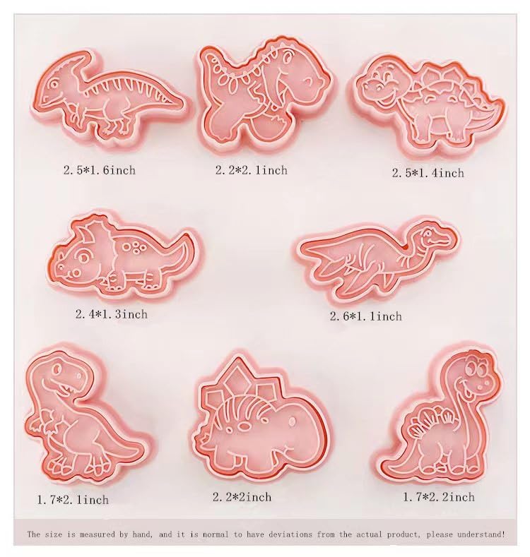 8 Pieces Dinosaur Cookie Cutters Set, Cute Cartoon Cookie Cutters for Kids, Plastic Stamped Embossed Dino Biscuit Molds Set, Kitchen BakingTools for Baby Shower, Birthday, Halloween, Christmas, Pink