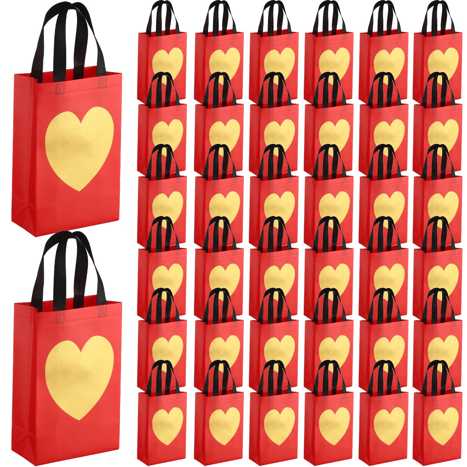 48 Pcs Red Gift Bag with Shiny Gold Heart Print Reusable Gift Bags with Handles Non Woven Red Tote Bag for Wedding Birthday Bridal Shower Engagements Party Anniversaries, 8 x 12 x 4 Inch(null)