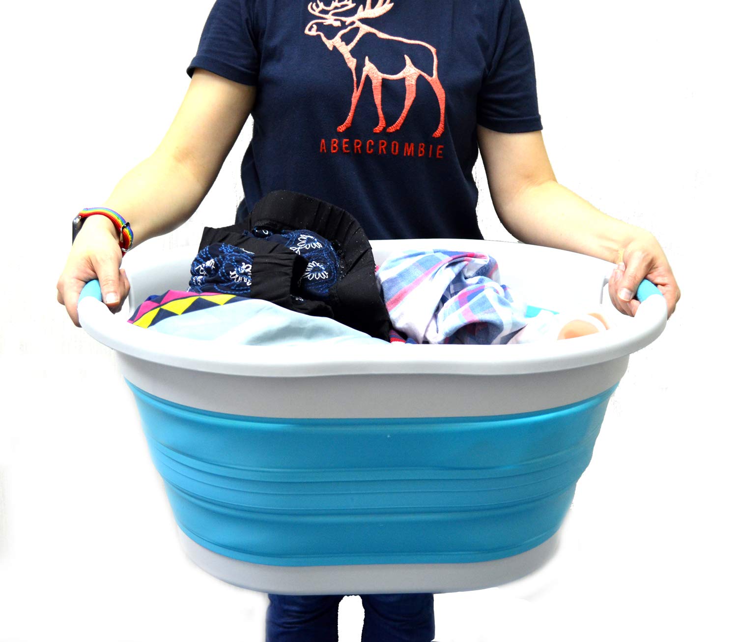 SAMMART 36L (9.5 gallon) Collapsible Plastic Laundry Basket - Oval Tub/Basket - Foldable Storage Container/Organizer - Portable Washing Tub - Space Saving Laundry Hamper, (Oval, Grey/Bright Blue)