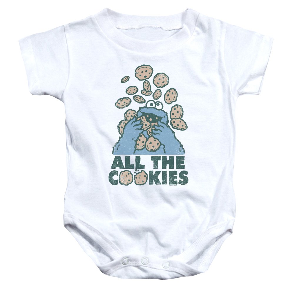 PopFunk Classic Sesame Street All The Cookies, White Baby/Toddler Unisex Boy Girl Onesie Short Sleeve Snapsuit (12 Months) All The Cookies, White