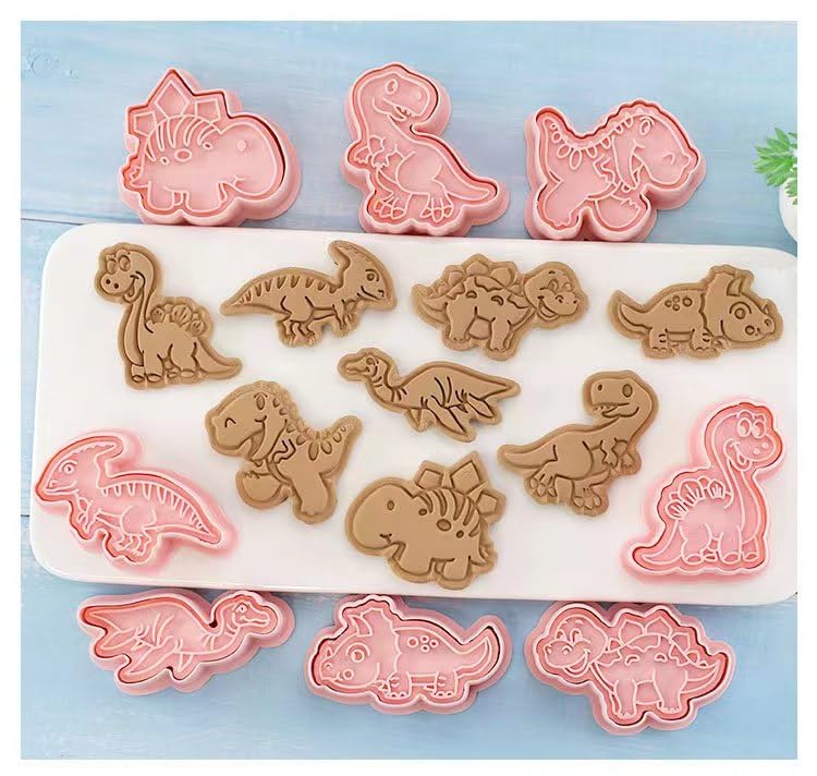 8 Pieces Dinosaur Cookie Cutters Set, Cute Cartoon Cookie Cutters for Kids, Plastic Stamped Embossed Dino Biscuit Molds Set, Kitchen BakingTools for Baby Shower, Birthday, Halloween, Christmas, Pink