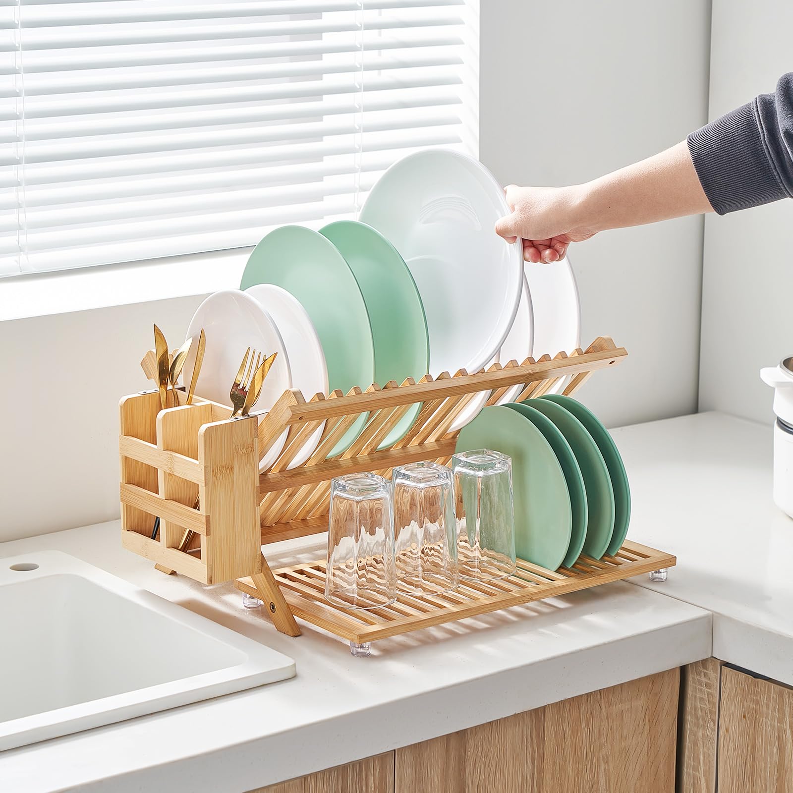 Worthyeah Bamboo Dish Drying Rack, 3 Tier Collapsible Dish Rack with Utensil Holder, Wooden Dish Drying Rack for Kitchen Counter, Large Folding Drying Holder, Dish Drainer