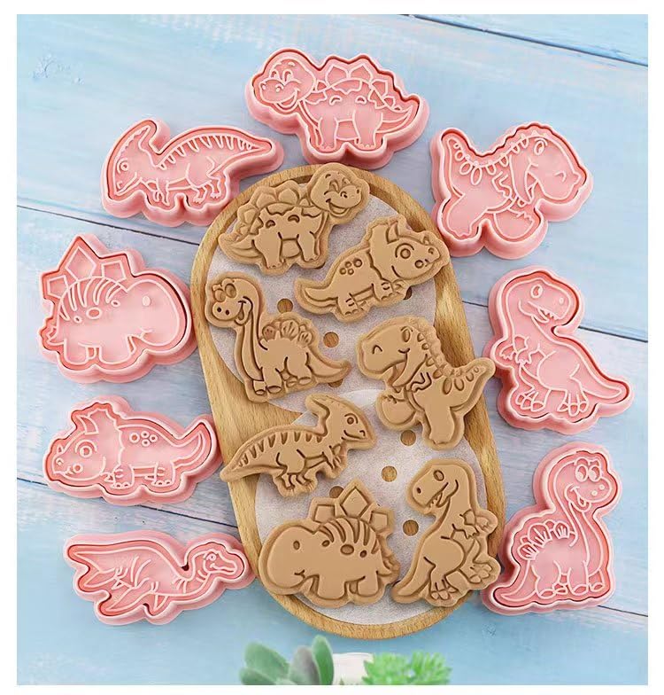 8 Pieces Dinosaur Cookie Cutters Set, Cute Cartoon Cookie Cutters for Kids, Plastic Stamped Embossed Dino Biscuit Molds Set, Kitchen BakingTools for Baby Shower, Birthday, Halloween, Christmas, Pink