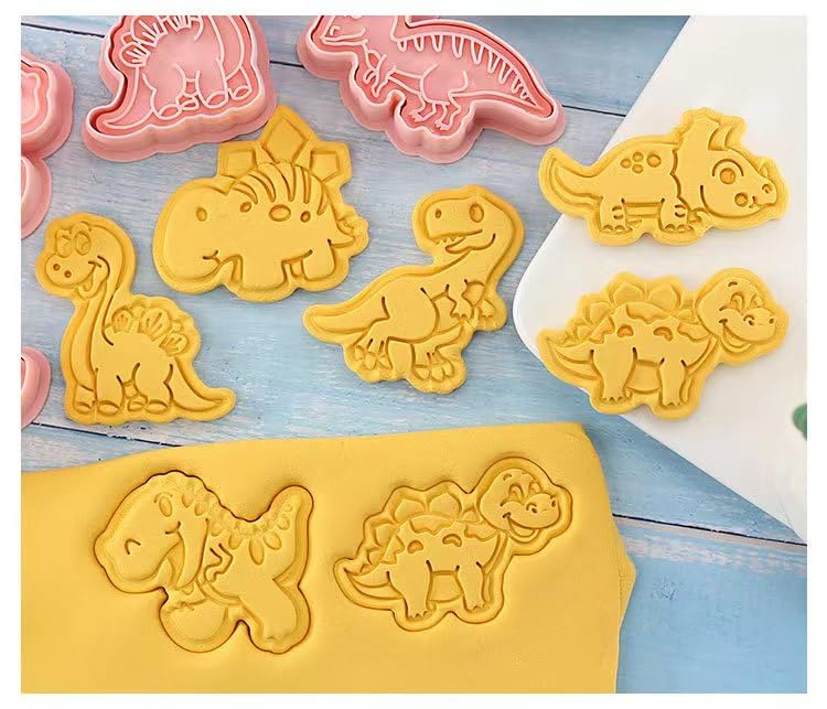 8 Pieces Dinosaur Cookie Cutters Set, Cute Cartoon Cookie Cutters for Kids, Plastic Stamped Embossed Dino Biscuit Molds Set, Kitchen BakingTools for Baby Shower, Birthday, Halloween, Christmas, Pink