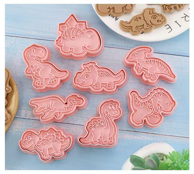 8 Pieces Dinosaur Cookie Cutters Set, Cute Cartoon Cookie Cutters for Kids, Plastic Stamped Embossed Dino Biscuit Molds Set, Kitchen BakingTools for Baby Shower, Birthday, Halloween, Christmas, Pink