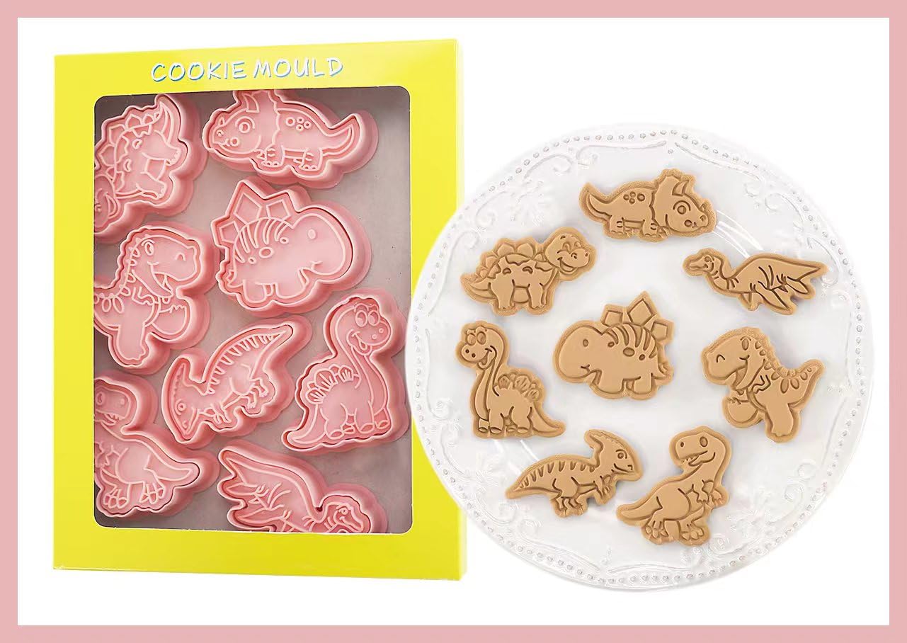 8 Pieces Dinosaur Cookie Cutters Set, Cute Cartoon Cookie Cutters for Kids, Plastic Stamped Embossed Dino Biscuit Molds Set, Kitchen BakingTools for Baby Shower, Birthday, Halloween, Christmas, Pink