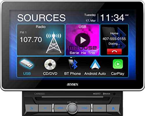 Jensen CAR8000 10.1" Extra Large Touchscreen CD/DVD Multimedia Receiver with Apple CarPlay and Android Auto l MP4 Video Playback l Built-in Bluetooth with A2DP Music Streaming and Phonebook Support