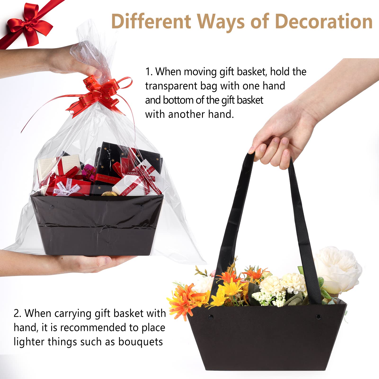 Aoibrloy Black Basket for Gifts Empty, 5 Pack Empty Gift Basket Kit With 5 Bags and 5 Bows, Gift Package Basket for Halloween, Birthday Party Gift Wrapping